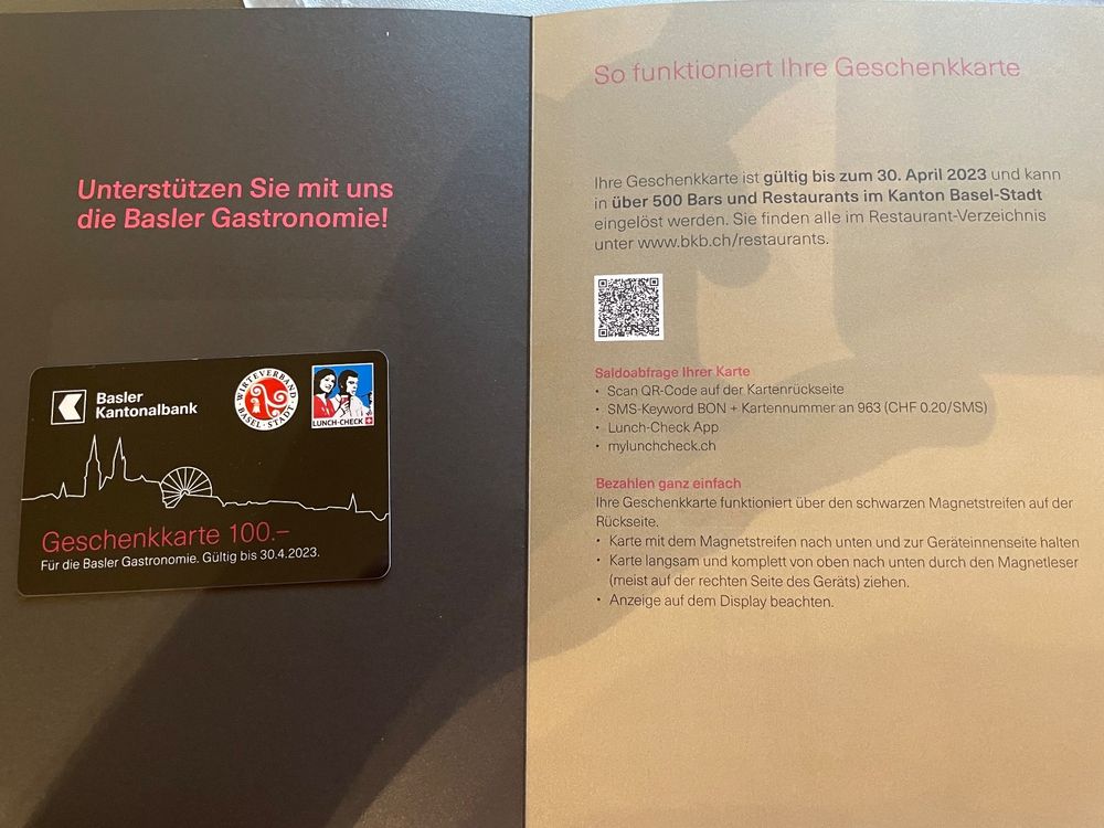 Geschenkkarte CHF 100 der Basler Gastronomie (Neu und originalverpackt) in Worben für CHF 86 ...