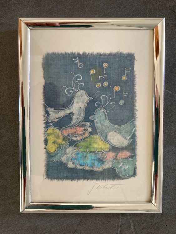 Batik Bild Vogel gerahmt hinter Glas unleserlich signiert 88 | Kaufen auf Ricardo