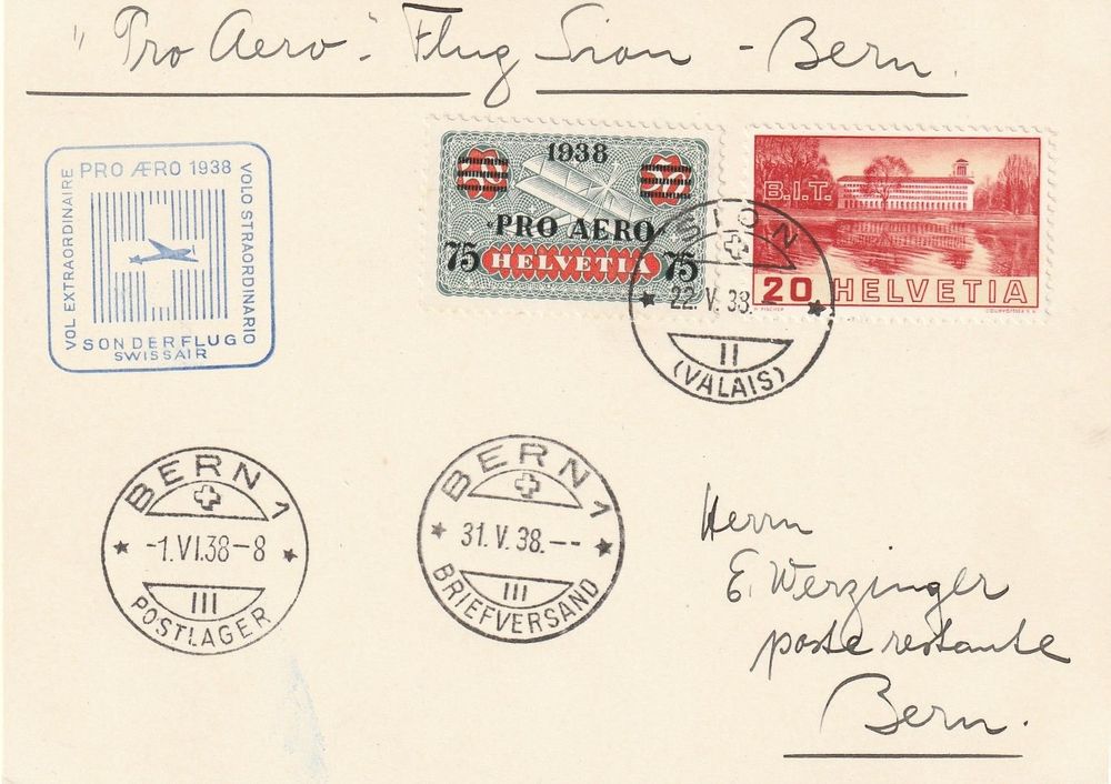 Pro Aero 1938, Etappe Sion-Bern auf Karte mit ZF | Kaufen auf Ricardo