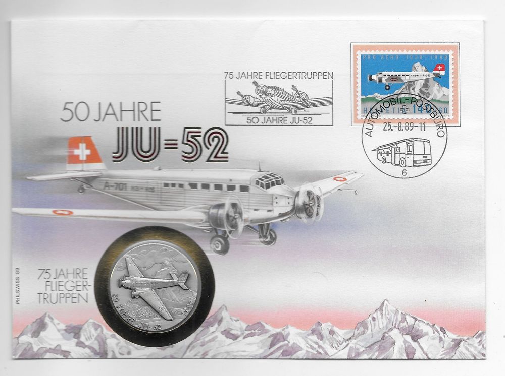 Münzbrief 50Jahre Ju-52 1989, 999/1000 ca 20gr. (Neu (gemäss Beschreibung)) in Hefenhofen für ...