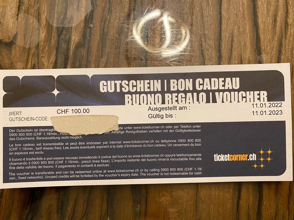 Ticketcorner Gutschein (Neu und originalverpackt) in Trimmis für CHF 95 ...
