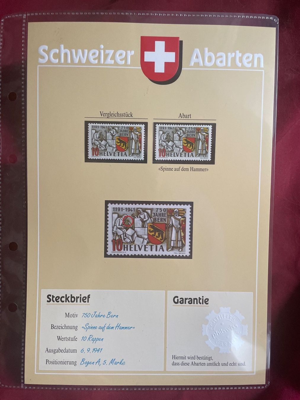 Schweizer Briefmarken-Abarten "Spinnä uf dem Hammer" Top! (D'occasion ...