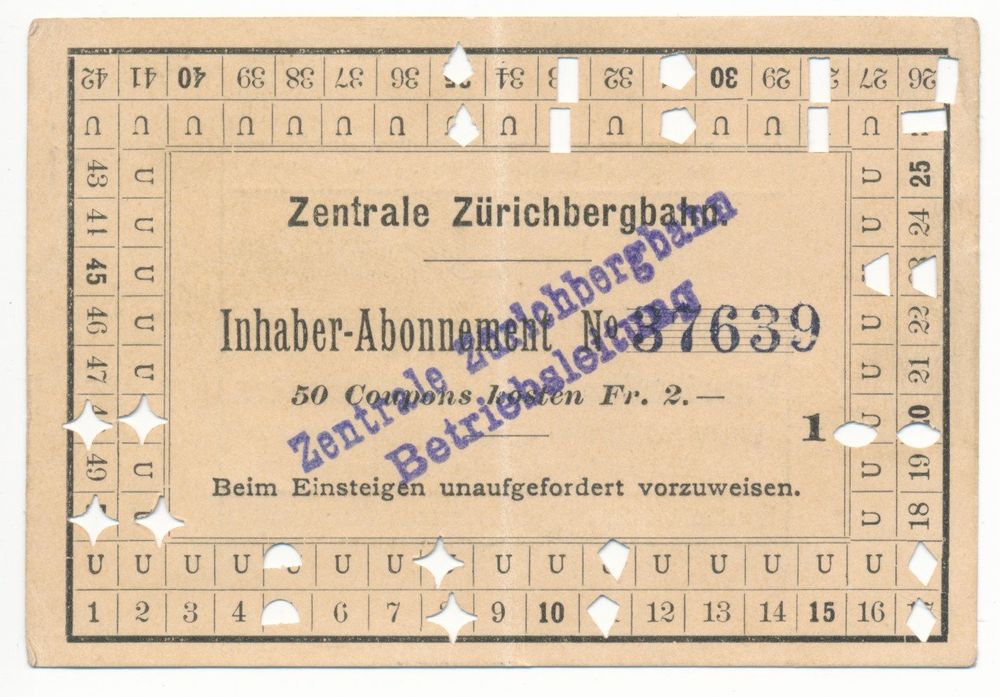 Eisenbahn Bahn Tram Zürich Billett Abonnement ZZB um 1905 | Kaufen auf Ricardo