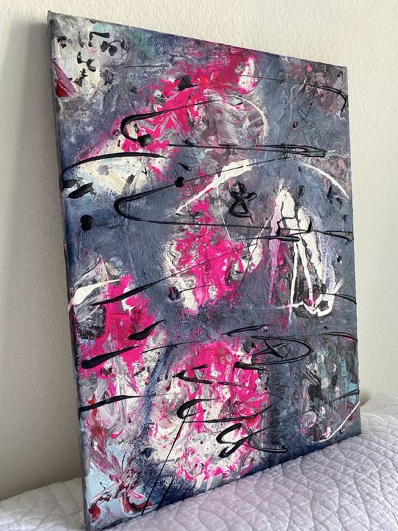 Abstraktes Acrylbild, Unikat, Pink & Grau (Neu (gemäss Beschreibung ...