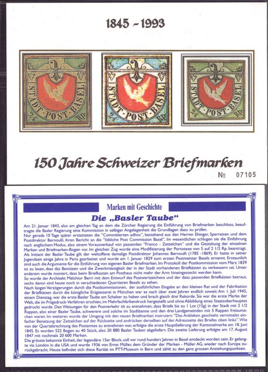 Basler Taube _ 150 Jahre Schweizer Briefmarken _ Geschichte (Gebraucht) in Eggersriet für CHF 1. ...