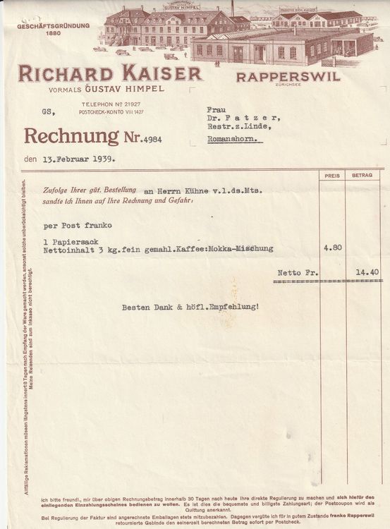 Litho Briefkopf von Richard Kaiser Rapperswil 1939 | Kaufen auf Ricardo