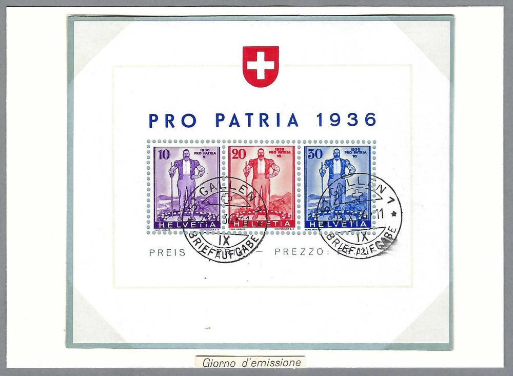 1936, PRO PATRIA BLOCK, ET-0 ST.GALLEN, GUMMI **, SBK 480 (Gebraucht) in Pura für CHF 70 – mit ...