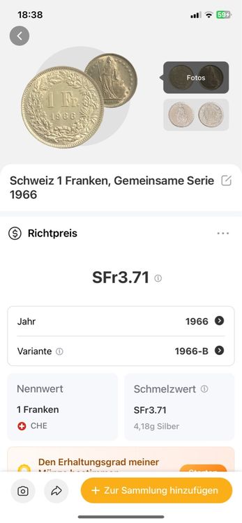 Silbermünze 1 Franken Helvetia 1966-B Schweiz (Gebraucht) in Zürich für CHF 2.6 – mit Lieferung ...