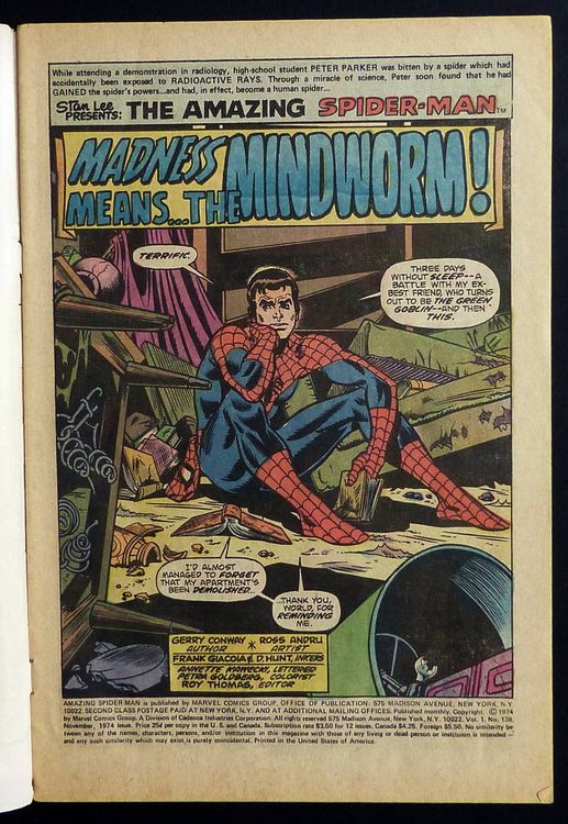 AMAZING SPIDER-MAN 138 KEY ISSUE 🔑 1ST MINDWORM MARVEL 1974 (Gebraucht ...