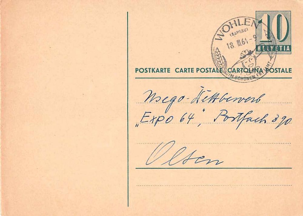 Ältere Postkarte mit Werbestempel WOHLEN, ab 1.-- (Gebraucht) in ...