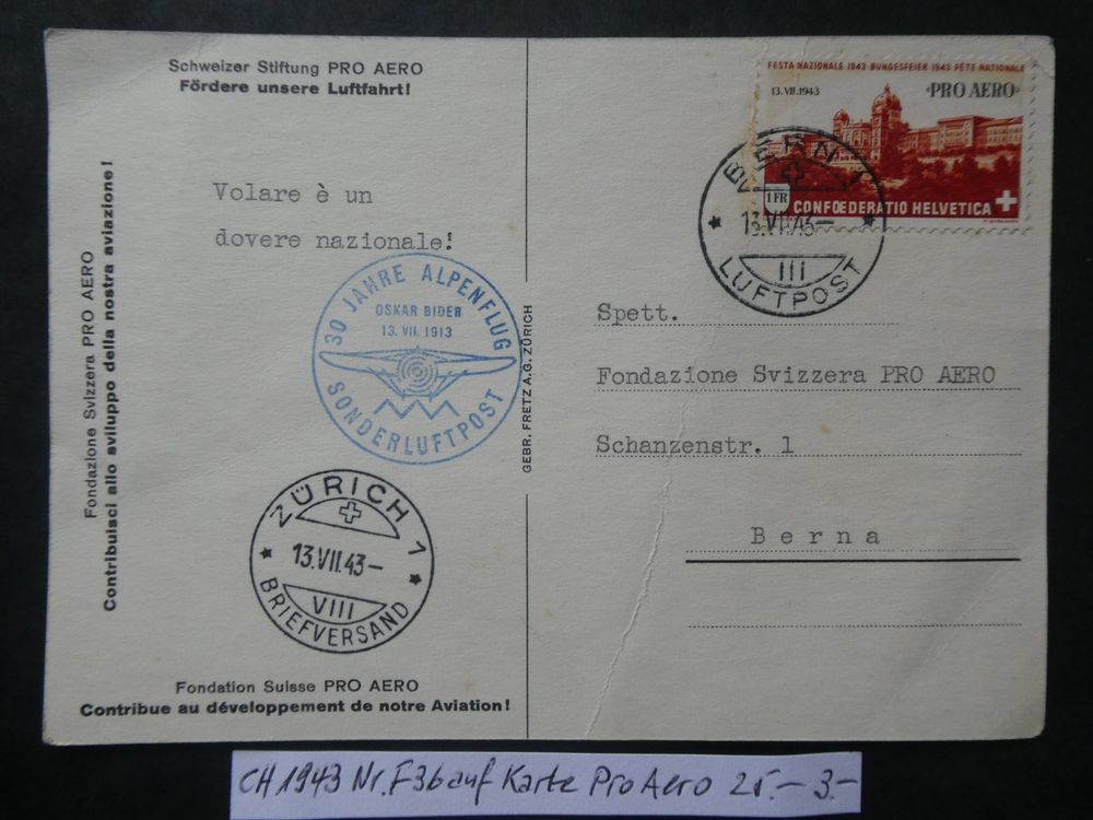 CH 1943 Nr. F36 auf Karte Pro Aero mit Altersflecken (Gebraucht) in Lausen für CHF 2 – mit ...