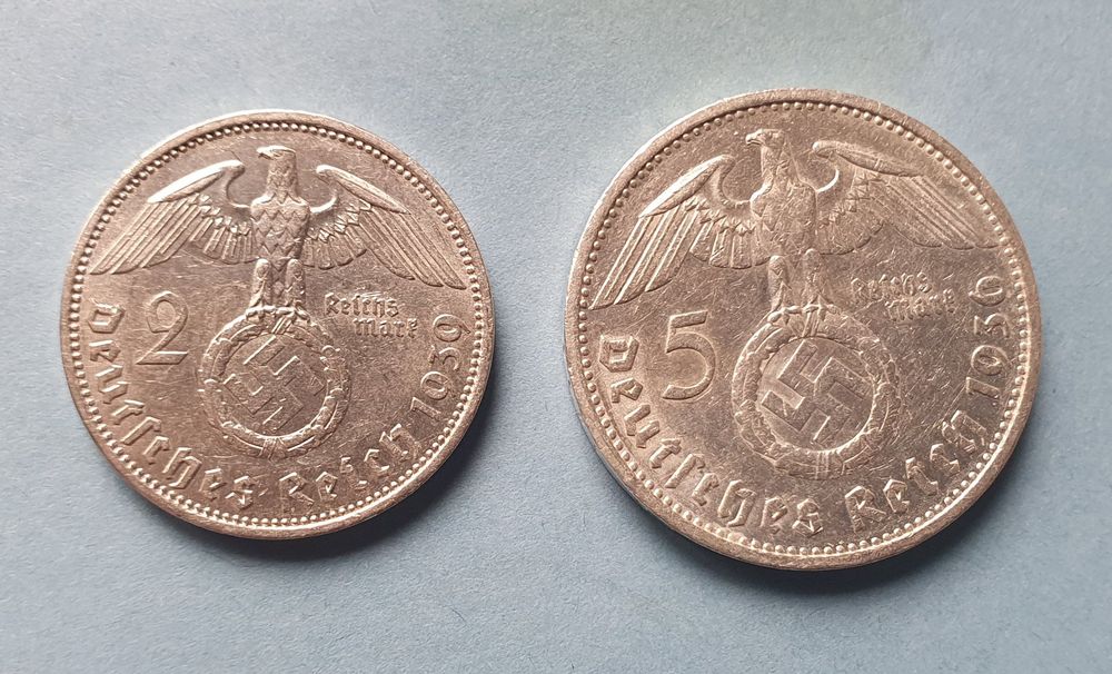 2 Silbermünzen, 2 Reichsmark 1939 + 5 Reichsmark 1936 (Gebraucht) in ...