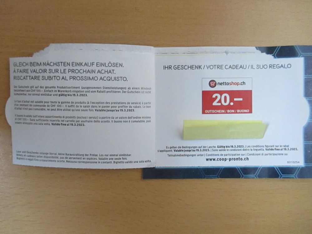 Nettoshop 20.-- Gutschein, Gültig bis 19.03.2023 (Neu (gemäss Beschreibung)) in Sissach für CHF ...