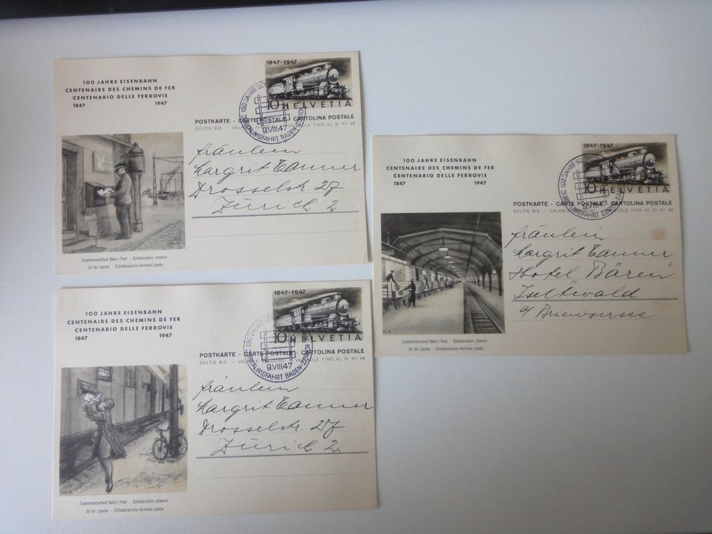 227.) 3 x Postkarten "100 Jahre Eisenbahn" 1947 (Gebraucht) in Winterthur für CHF 0.7 – mit ...