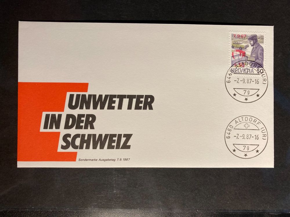 CH 1987 FDC Unwetter Zuschlagsmarke Ortsstempel Altdorf (Gebraucht) in Liestal für CHF 1 – mit ...
