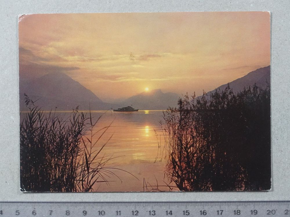 Thunersee, Sonnenuntergang, 1975, Poststempel GWATT THUN (Gebraucht) in Lenzburg für CHF 2 – mit ...