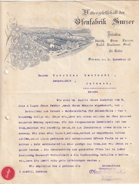 Litho Briefkopf Ofenfabrik Sursee 1911 (Gebraucht) in Rupperswil für CHF 15 – mit Lieferung auf ...