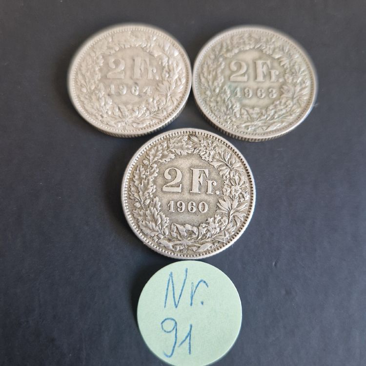 Silbermünzen 2 Franken 1960/1963/1964 Schweiz Swiss (Gebraucht) in Stans für CHF 19 – mit ...