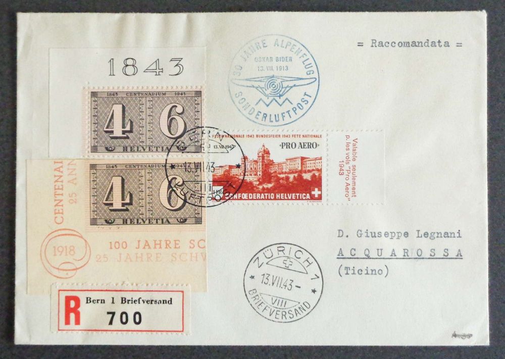 Pro Aero 1943: Bern–Zürich per R, mit 4/6 aus Bogen+Block (Gebraucht) in Zürich für CHF 3.5 ...