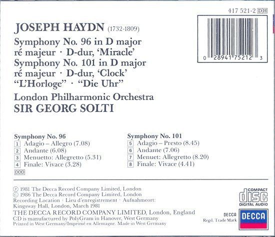 Sir Georg Solti - Joseph Haydn - Symphony no. 96 & 101 & (D'occasion) à Unterbäch pour CHF 3.9 ...