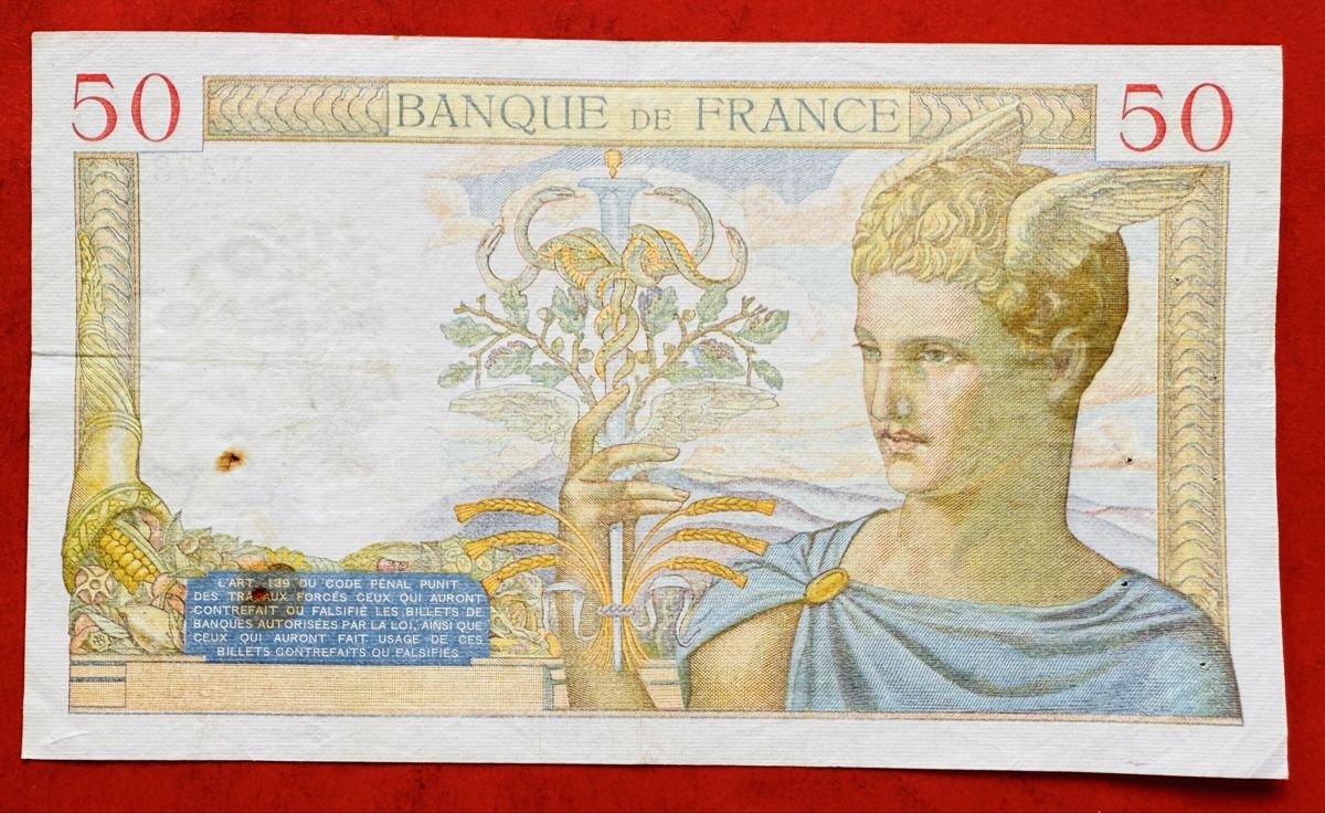 Originale 50 France Francs Banknote, Jahrgang 1936, (Gebraucht) in ...