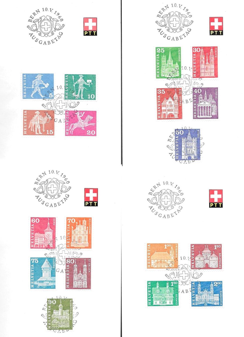 1960 Bauten Serie vier PTT-Bögli illust. BERN ET-o ab 1.- (Gebraucht ...