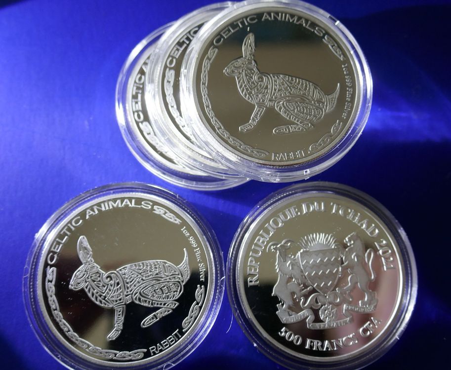 5 x 1 oz Silber 999 CELTIC ANIMALS / RABBIT/HASE 2021 (Neu (gemäss ...
