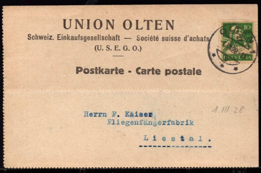 OLTEN. 1.III.28, UNION OLTEN ( U. S. E. G. O. ) (Gebraucht) in Aarau ...