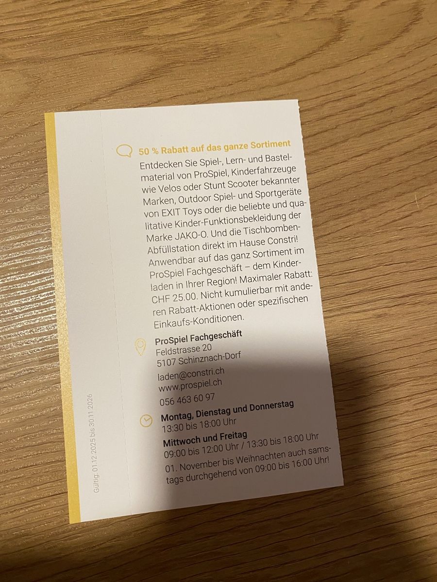 ProSpiel Gutschein 50% Rabatt gültig bis am 30.11.26 (Neu (gemäss ...