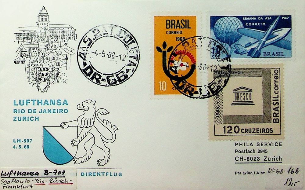 SUISSE POSTE AÉRIENNE VOL RIO DE JANEIRO-ZÜRICH 1968 /Q20 (Gebraucht ...
