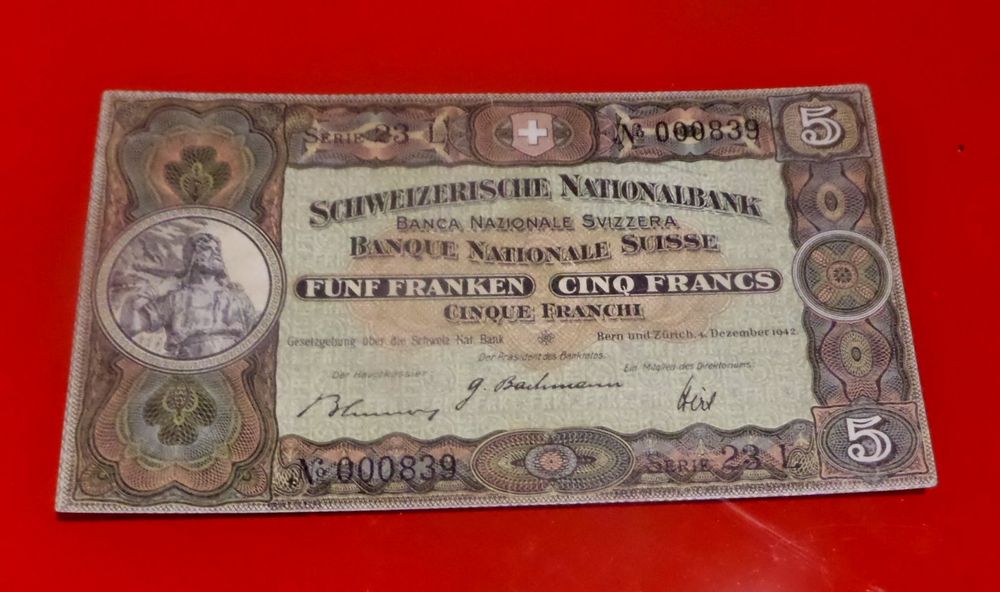 CH -BANKNOTE 5 Fr.Tell NOTE sehr selten N0. 000839/4.12.1942 (Gebraucht ...