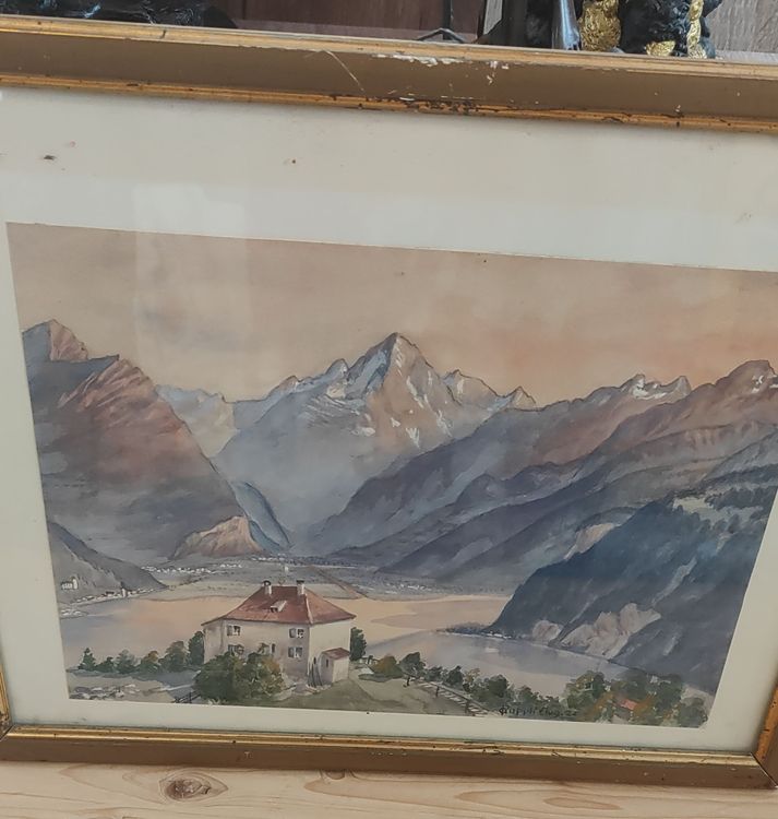 Aquarell Schweizer Alpenpanorama im Goldrahmen (Gebraucht) in Jeuss für CHF 10 – mit Lieferung ...