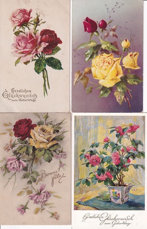 8 x Rosen in Gelb, Rot, Rosa • Lot alte Künstler-AK (Gebraucht) in ...