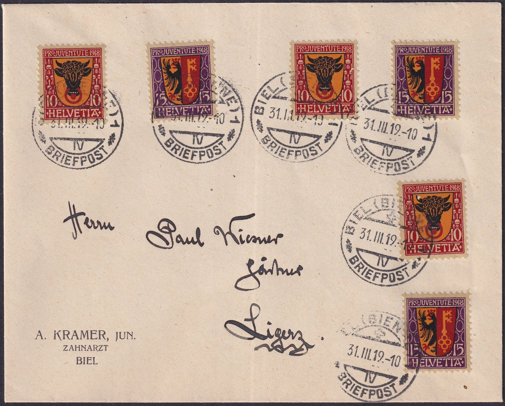 1918, J10+J11 (je 3x) auf Brief von BIEL, Kat: 1000.-+ (Gebraucht) in Sursee für CHF 350 – mit ...