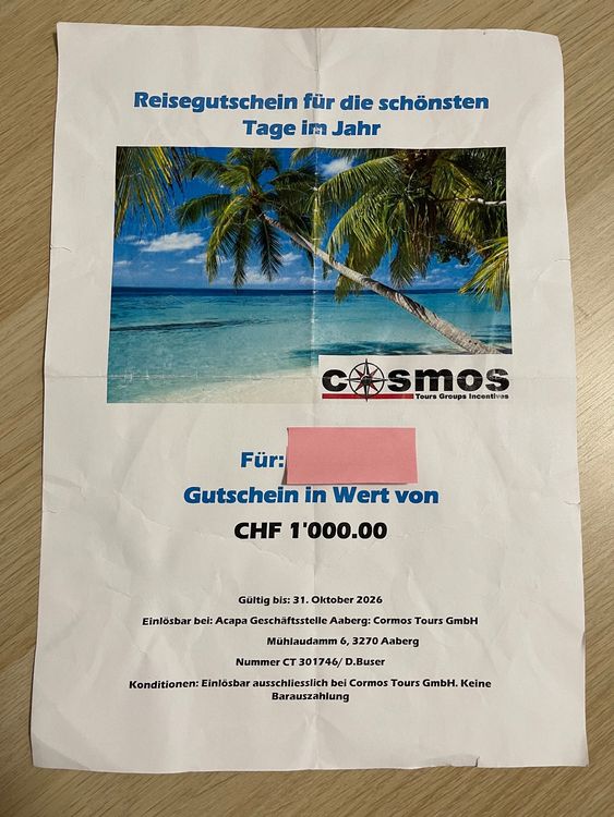 Reisegutschein Wert 1‘000 CHF (Neu und originalverpackt) in Zürich für CHF 890 – mit Lieferung ...