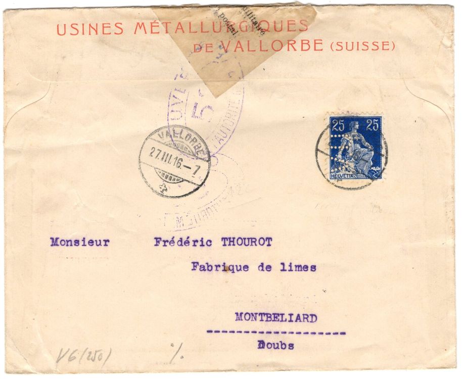 Perfin U.V. auf Zensur-Beleg von VALLORBE nach MONTBELIARD (Gebraucht ...