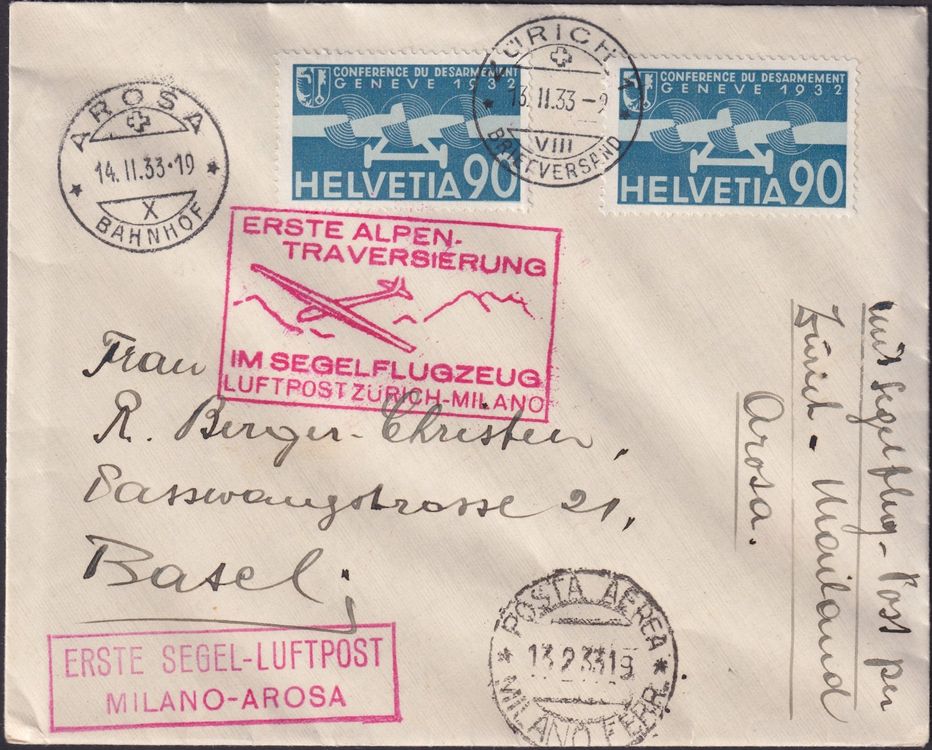 1933, SEGELFLUG Zürich-Milano mit F18 (2x) Kat: 250.-+ (Gebraucht) in ...