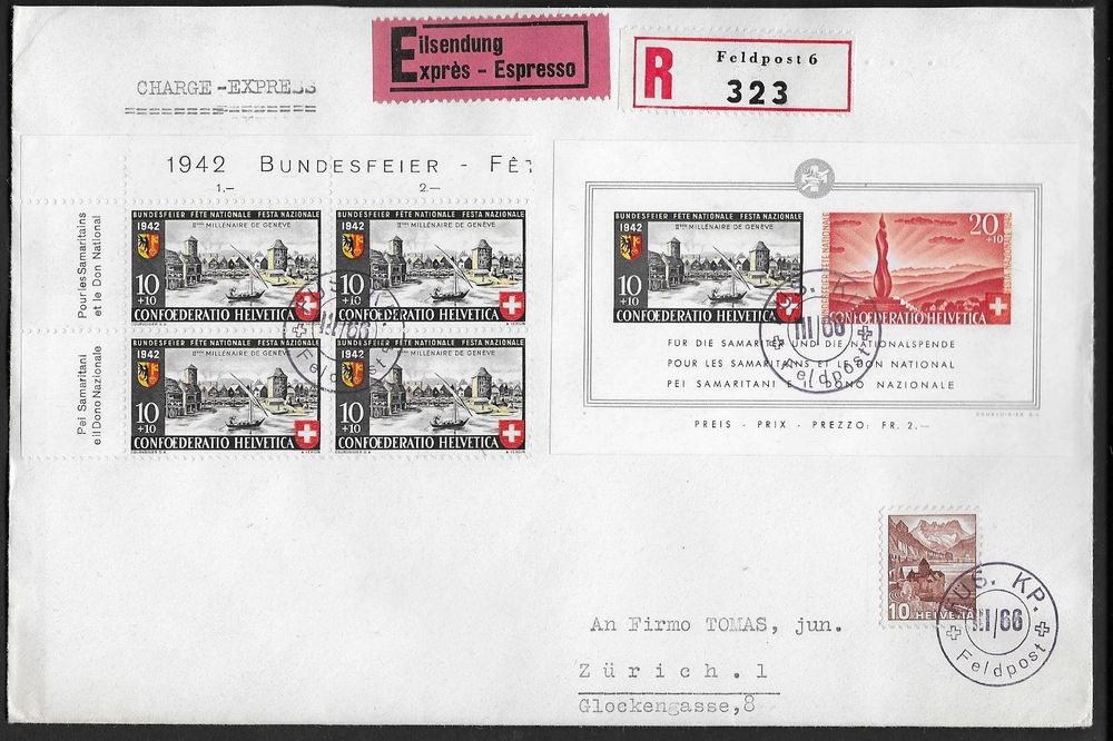1942 Brief Bundesfeier BLOCK B19 FELDPOST SBK 450.-+ ab 1.- (Gebraucht) in Zürich für CHF 98 ...