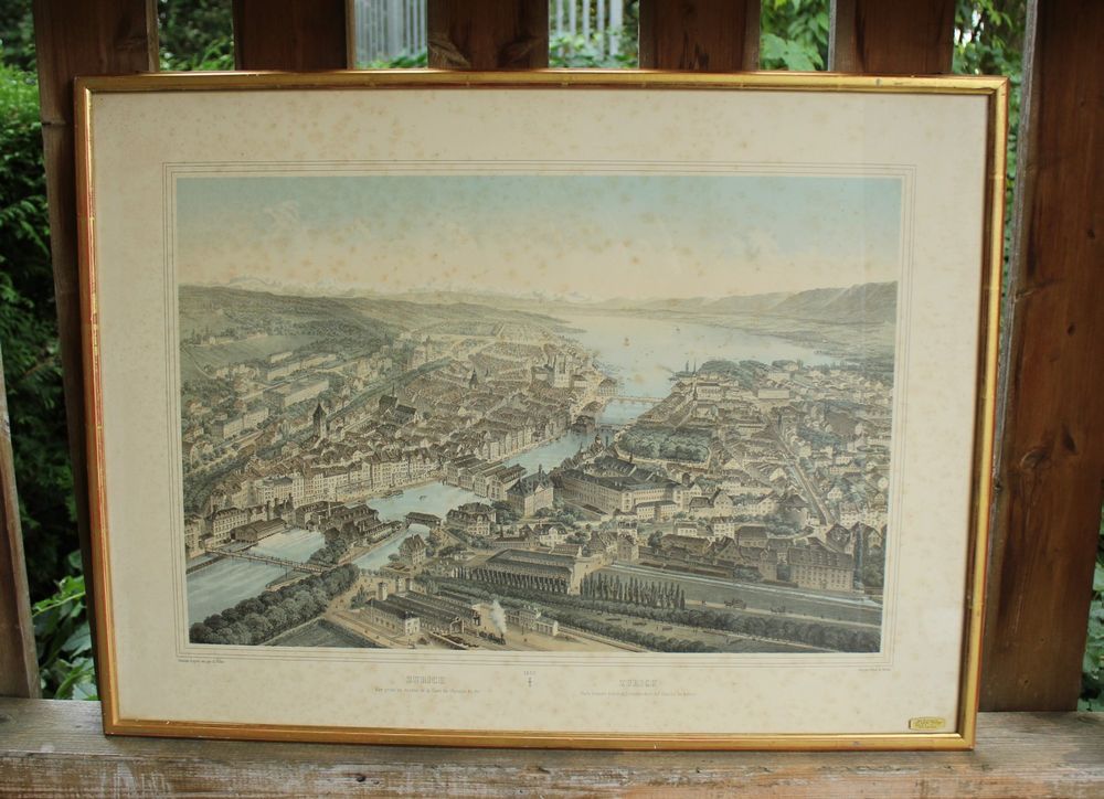 Lithografie Stadtbild Zürich um 1850 Fichot Echtgold Rahmen (Gebraucht ...