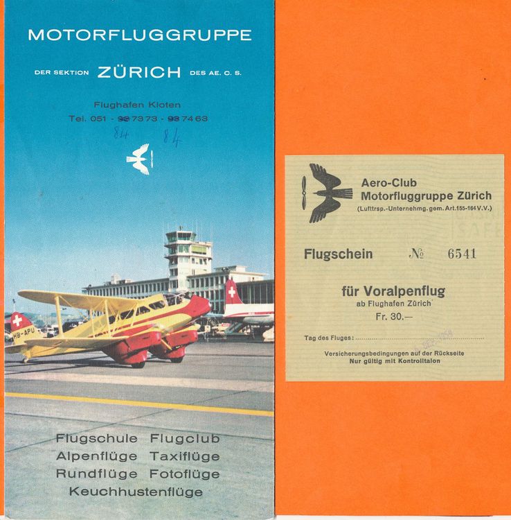 MOTORFLUGGRUPPE Zürich - Flugschule - Prospekt m. Flugschein (Gebraucht ...