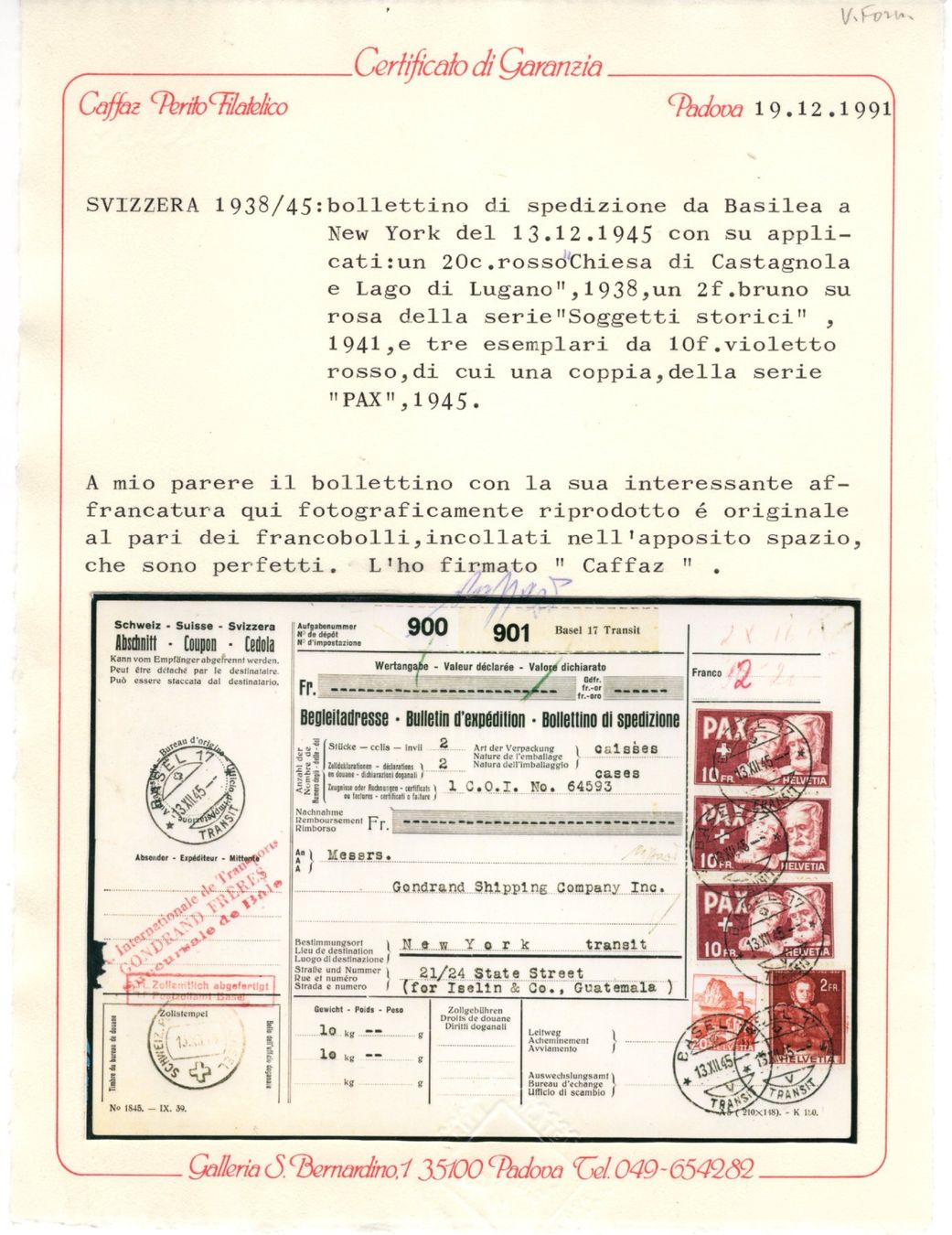 Top PAX ÜBERSEEFRANKTUR nach NEW YORK; RAR! ; Kat: 1500CHF++ (Gebraucht ...