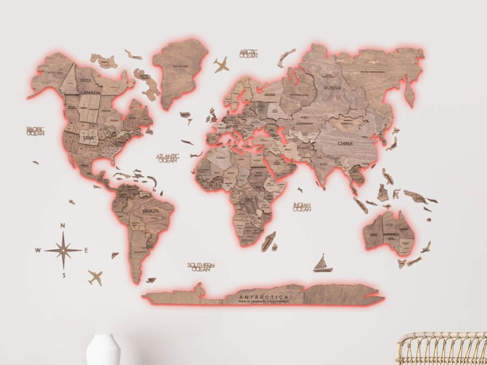 3D-Holzweltkarte mit LED - eine faszinierende Wanddekoration (Neu und originalverpackt) in ...