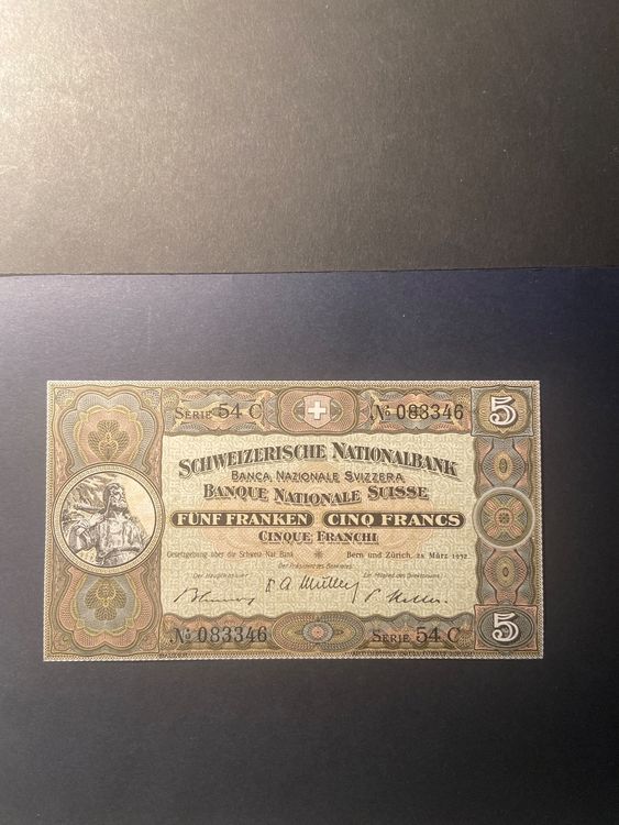 Alte Banknote CHF 5.- ** / 1952 / Bankfrisch | Kaufen auf Ricardo
