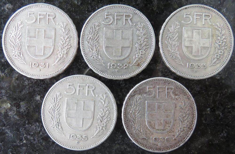 5 x 5Fr Silber-Münzen: 1931, 1932, 1933, 1935, 1939 | Kaufen auf Ricardo