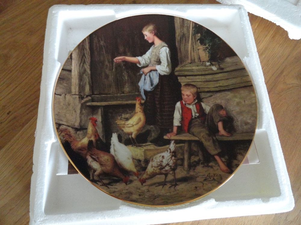 Wandteller "Mädchen Hühner fütternd",Langenthal,1987, Anker (Neu und originalverpackt) in ...