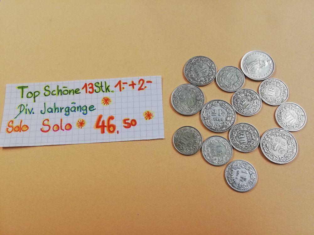 Schweizer Silbermünzen 13 Stk. 1Fr.+2Fr. div. Jahrgänge Top! (Gebraucht) in Engi für CHF 45.5 ...