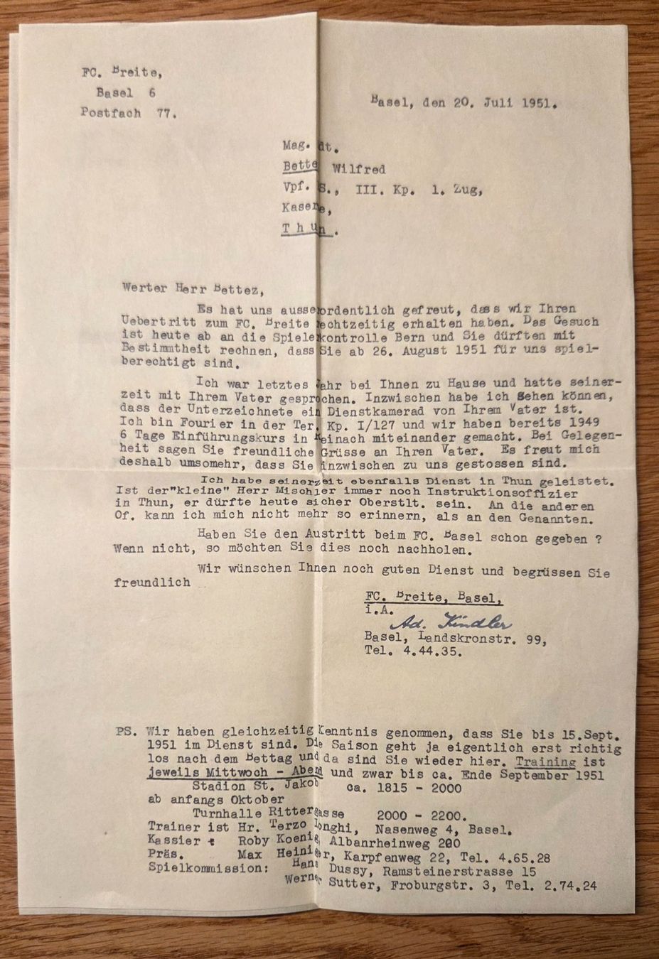 FC Basel, FCB 1951. Original Austritt Schreiben vom 21.7.51 (Gebraucht ...