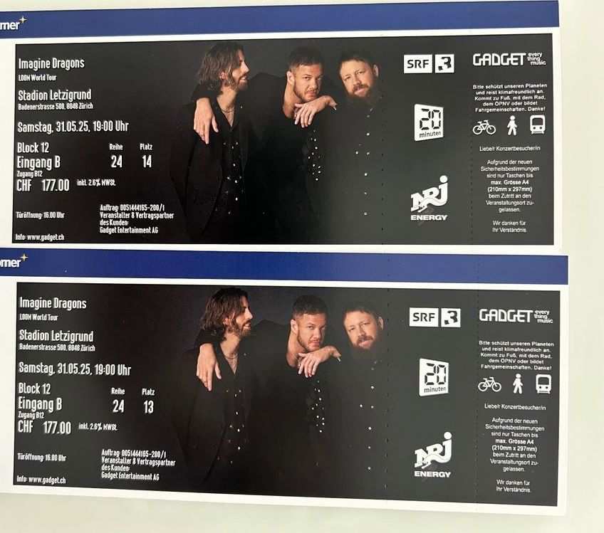 2xTickets Imagine Dragons 31.05.2025 Zürich Sitzplätze (Neu und ...