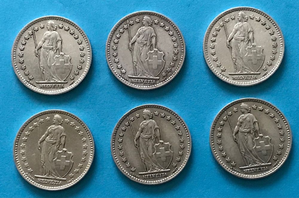 6 Stück Schweizer Silber 1 Franken-Münzen alle von 1955 | Kaufen auf Ricardo