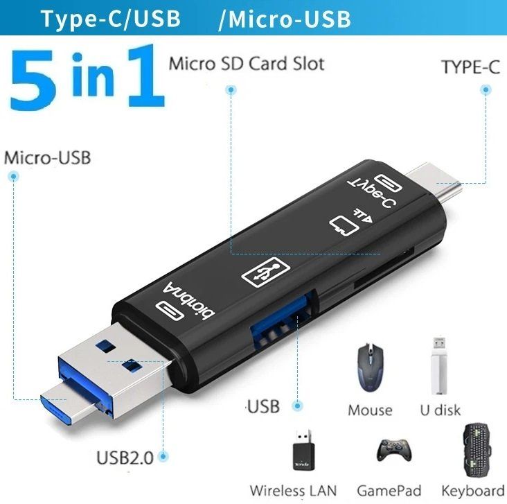 Kartenleser 5 in 1 MicroUSB Type-C USB 2.0 MicroSD TF USB-C (Neu (gemäss Beschreibung)) in ...